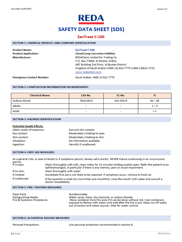 ZenTreat C-100 (SDS) - Chilled Water Corrosion Inhibitor | PDF ...