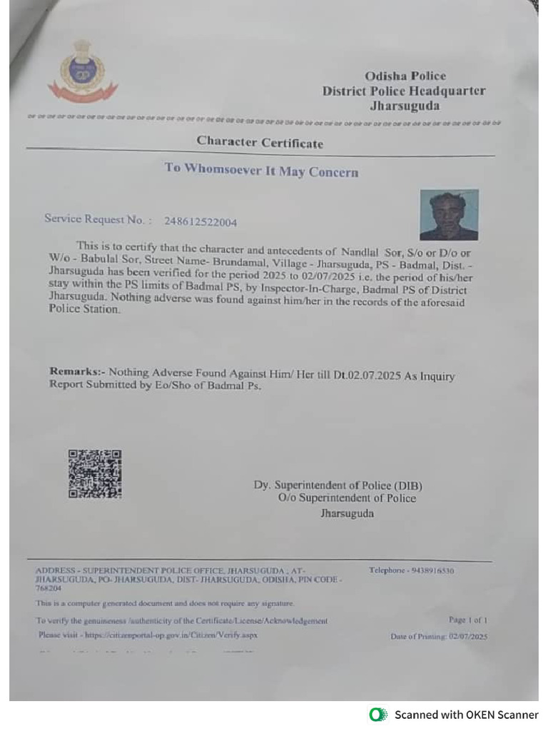 Nandlal Sor Sor Character Certificate (HR) | PDF