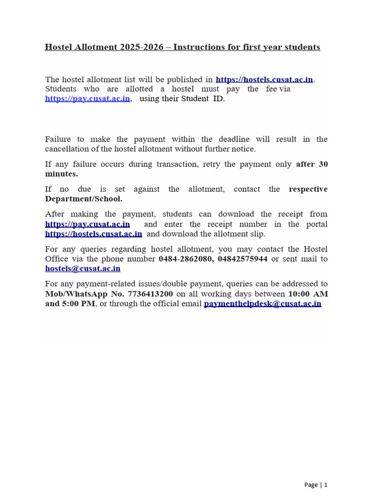 CUSAT Hostel Allotment Instructions 2025 | PDF