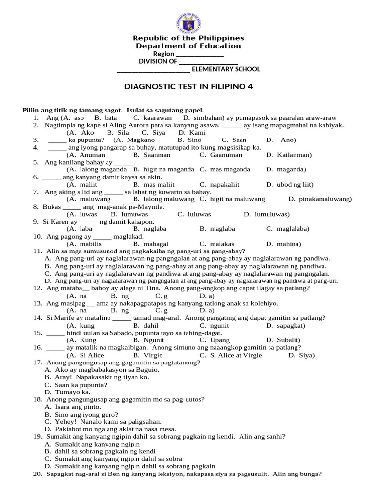 Diagnostic Test - Filipino 4 | PDF