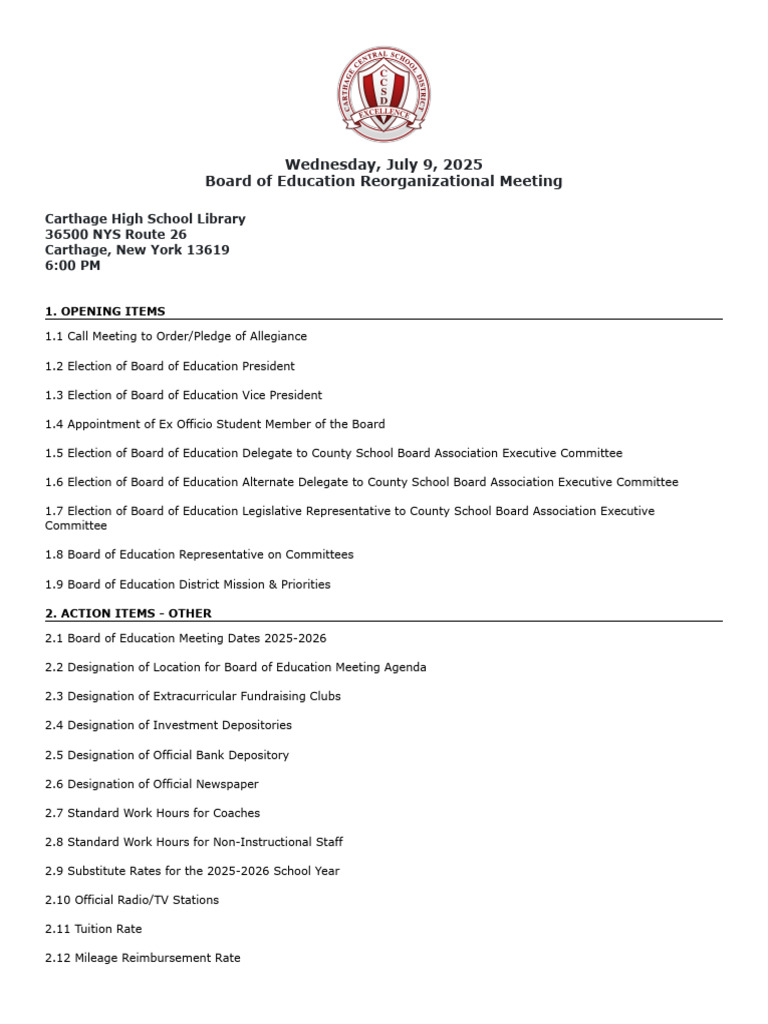 Carthage Central School District Board of Education July 9, 2025 | PDF