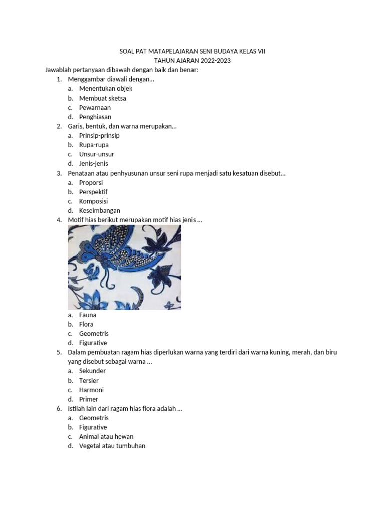 Soal Pat Matapelajaran Seni Budaya Kelas Vii | PDF