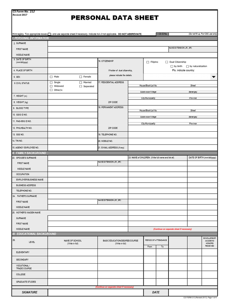 CS Form No. 212 Personal Data Sheet Revised | PDF