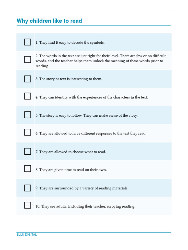 M2L1 Checklist1 Why Children Like To Read | PDF