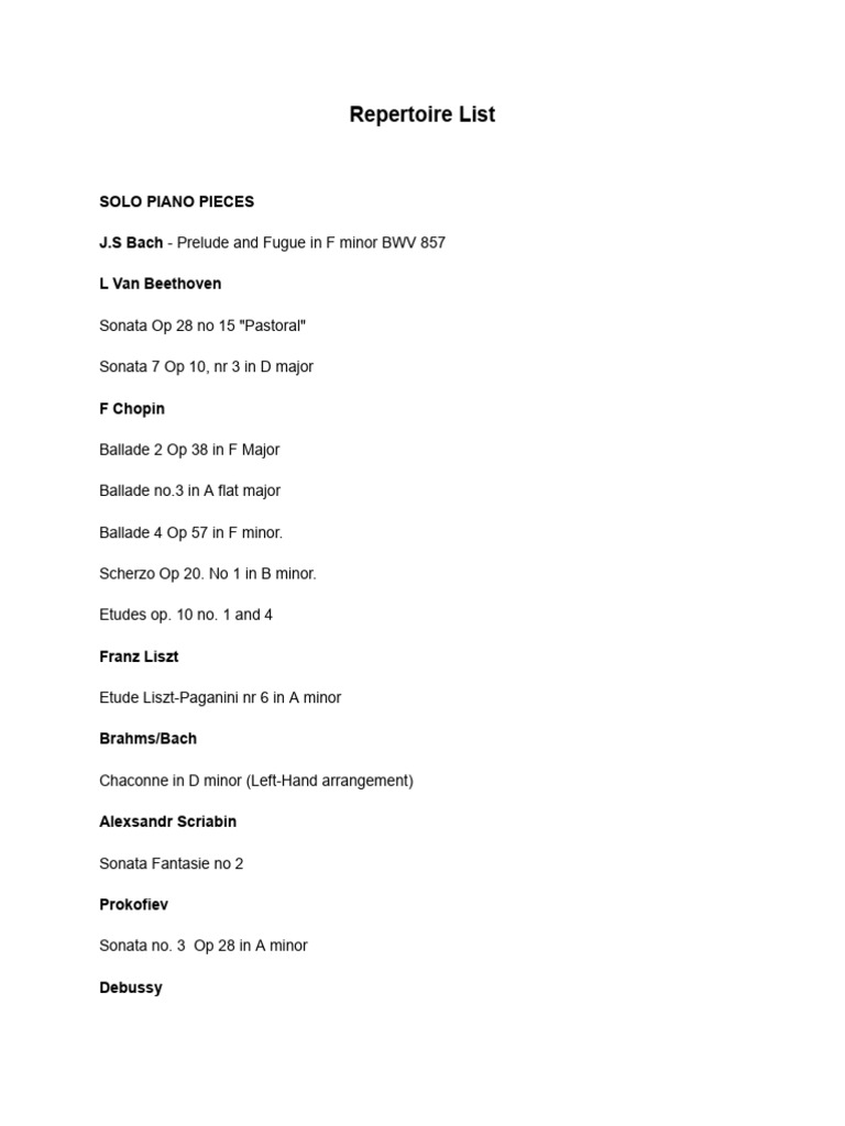 Piano Repertoire List | PDF