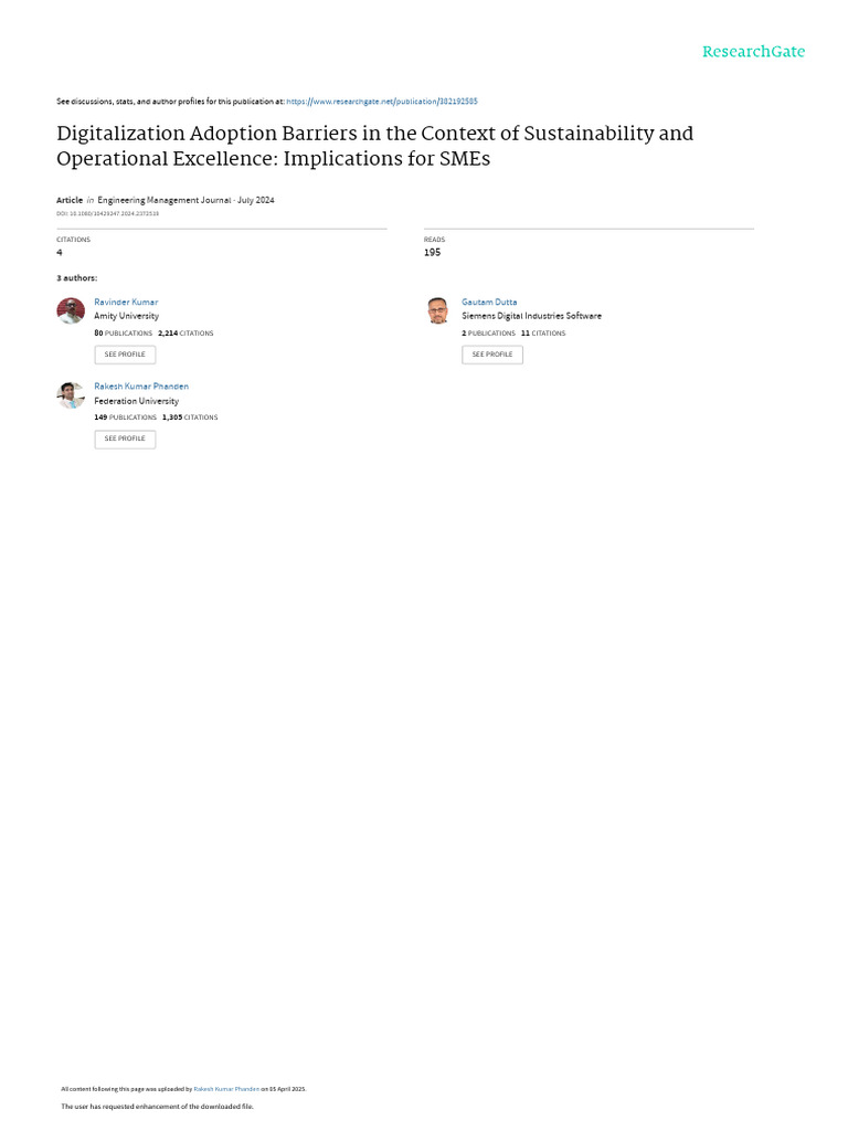 Digitalization Adoption Barriers in The Context of Sustainability and Operational Excellence ...