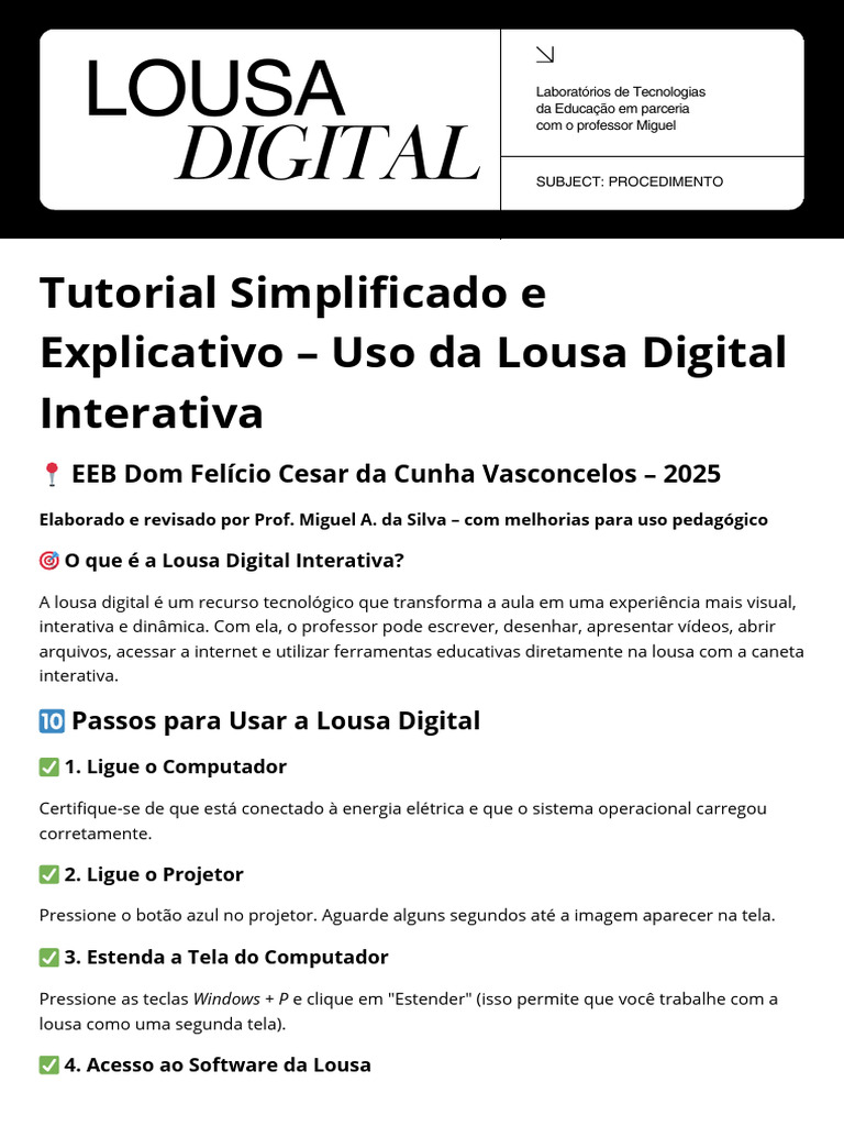 Tutorial Simplificado e Explicativo – Uso da Lousa Digital Interativa | PDF