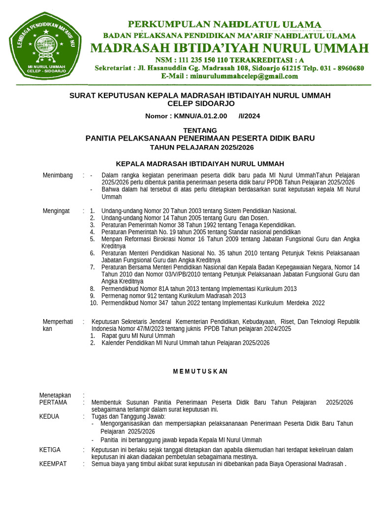 SK Panitia PPDB MI Nurul Ummah 2025/2026 | PDF