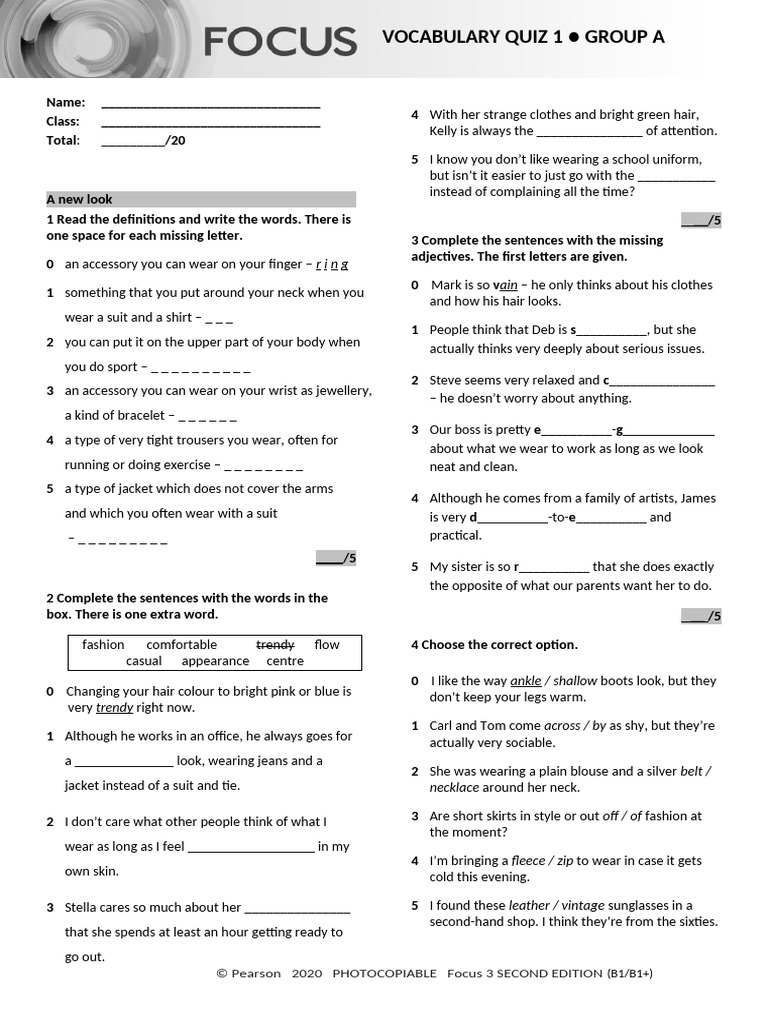 Focus 3 Unit 1 Vocabulary Quiz | PDF | Clothing | Fashion