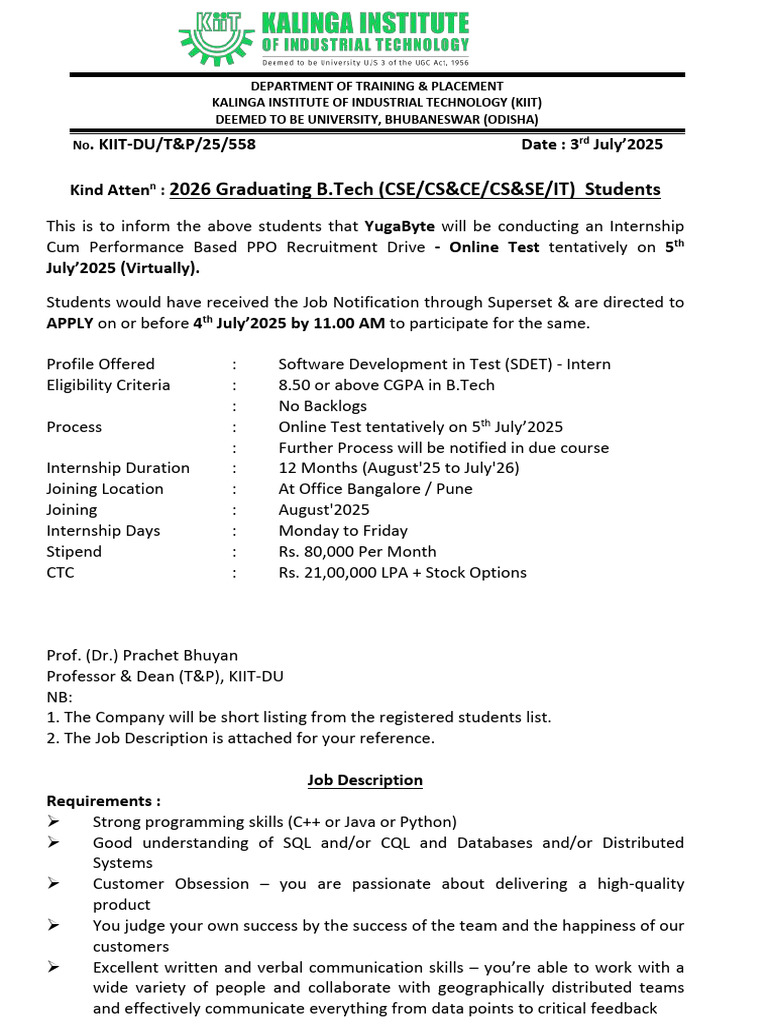 Registration For Yugabyte Internship Cum PPO Recruitment Drive 2026 Graduating Batch | PDF ...