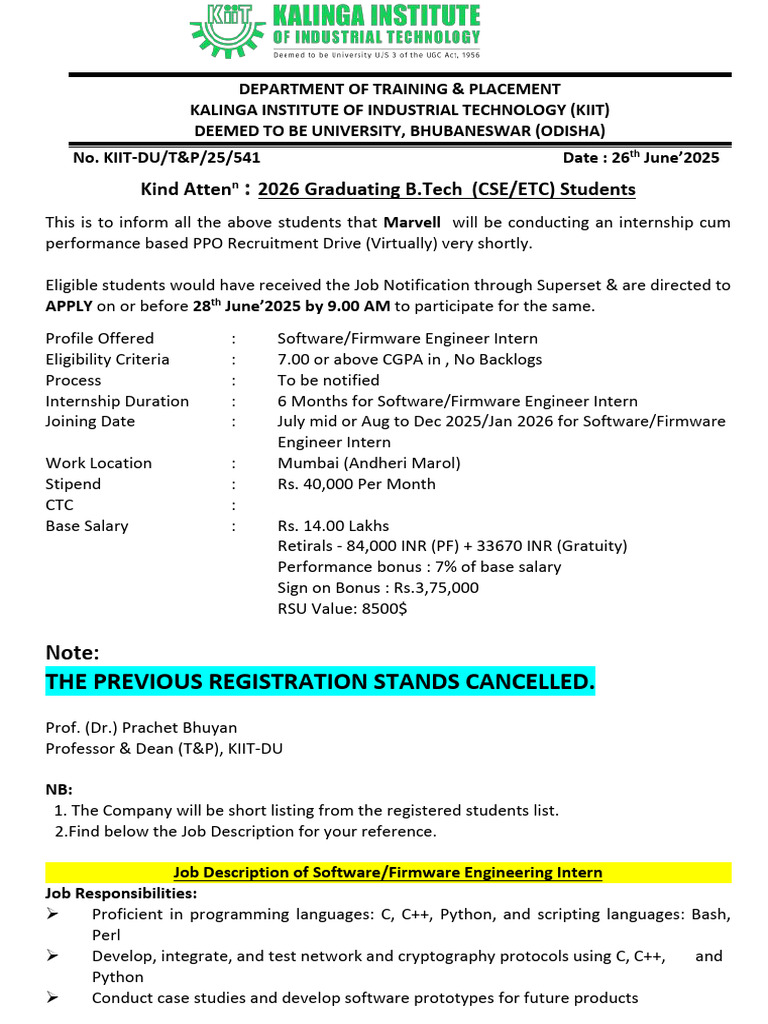 Revised Notice - Registration For Marvell Internship Cum PPO Recruitment Drive-2026 Batch | PDF ...