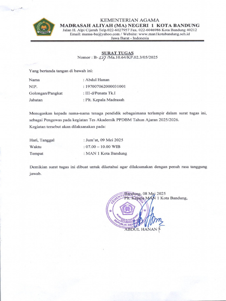 Surat Tugas Pengawas Tes Akademik | PDF