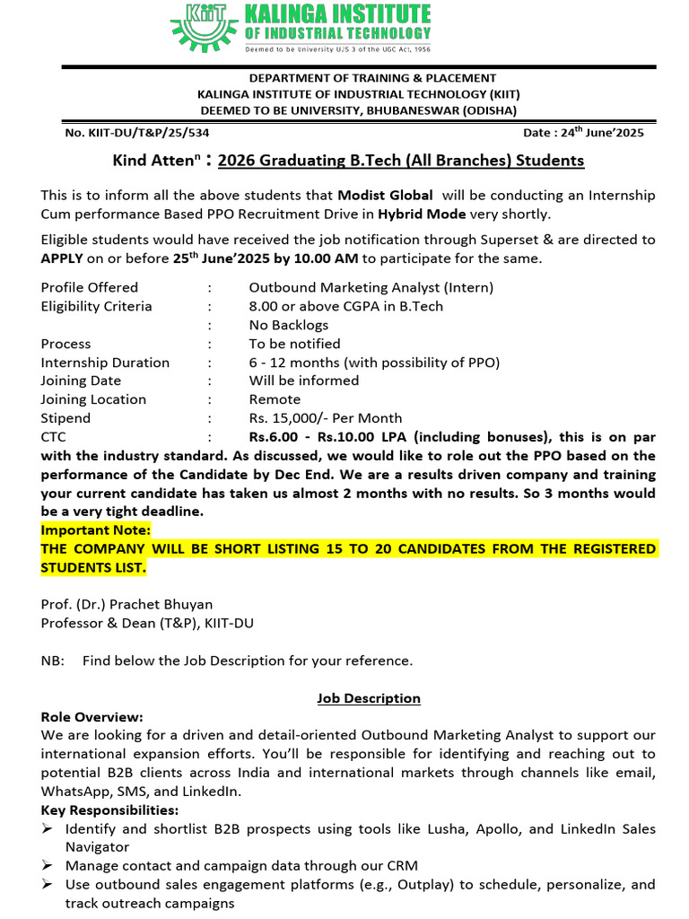 Registration For Modist Global Internship Cum PPO Recruitment Drive-2026 Batch | PDF | Customer ...