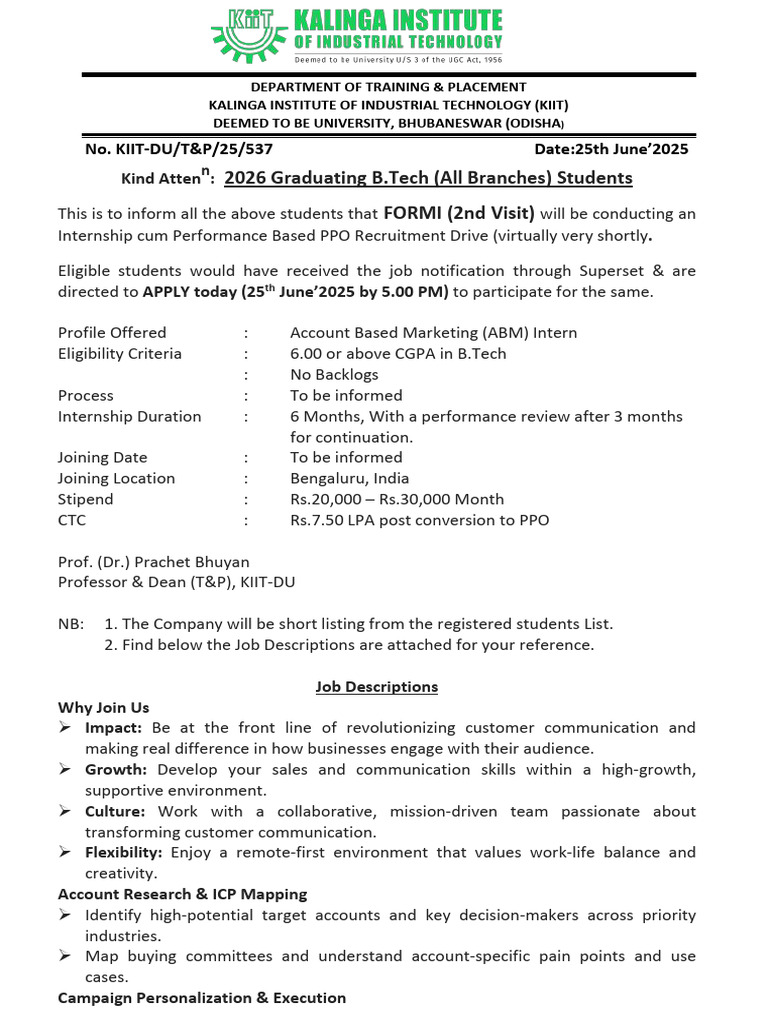 Registration For FORMI (2nd Visit) Internship Cum PPO Recruitment Drive - 2026 Graduating Batch ...