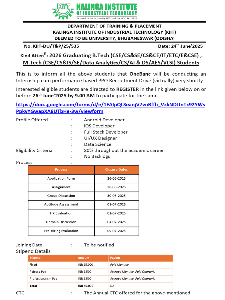 Registration For OneBanc Internship Cum PPO Recruitment Drive For 2026 Graduating Batch | PDF ...