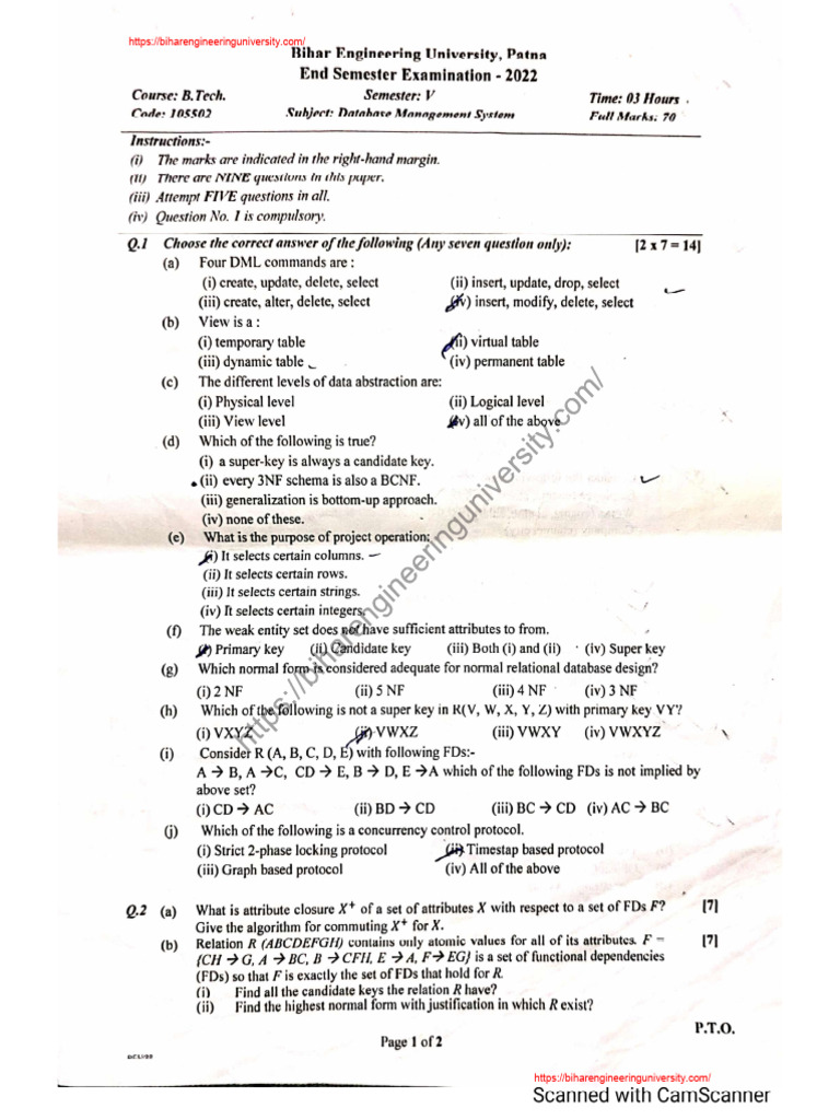 BEU CSE 5 SEM Database Management System 105502 2022 | PDF