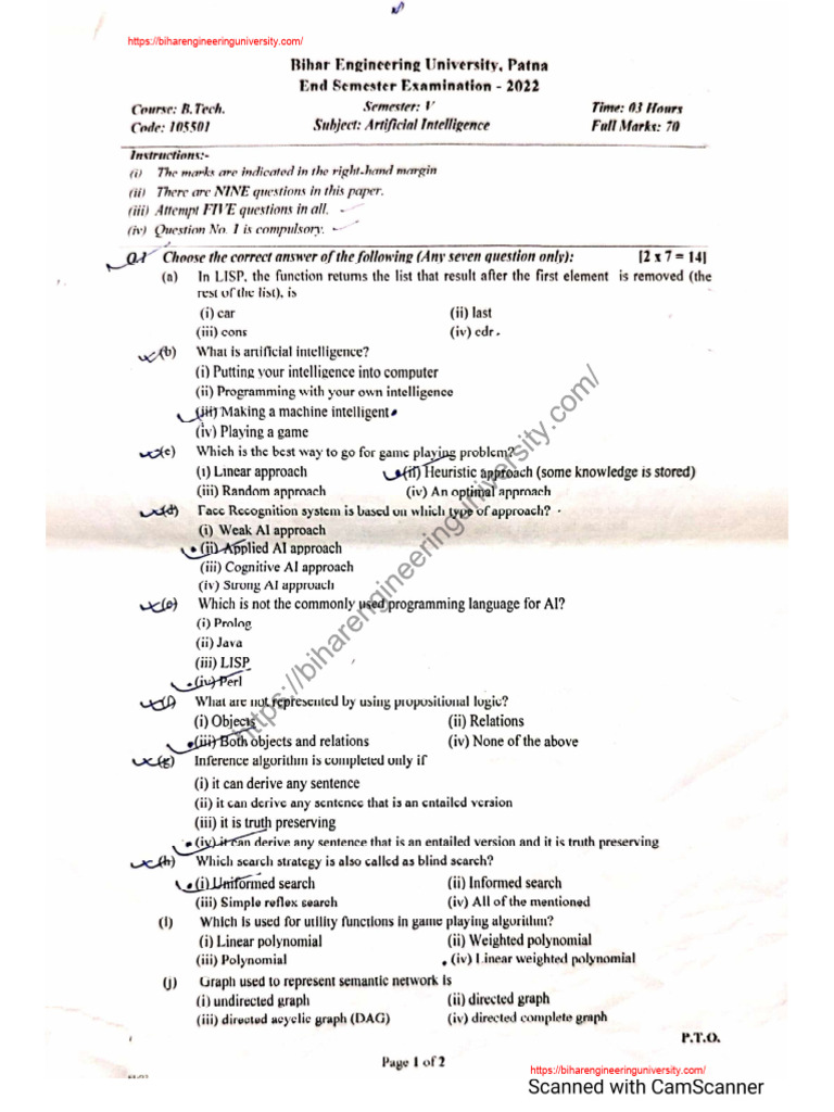 BEU CSE 5 SEM Artificial Intelligence 105501 2022 | PDF