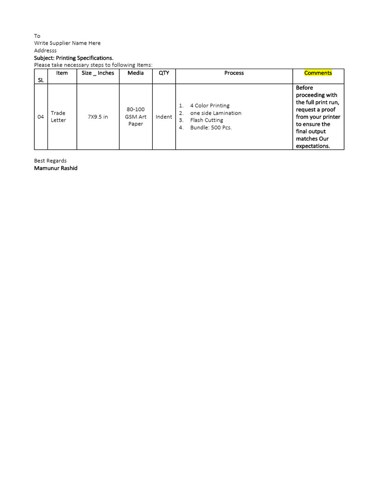 Trade Letter Specifications | PDF
