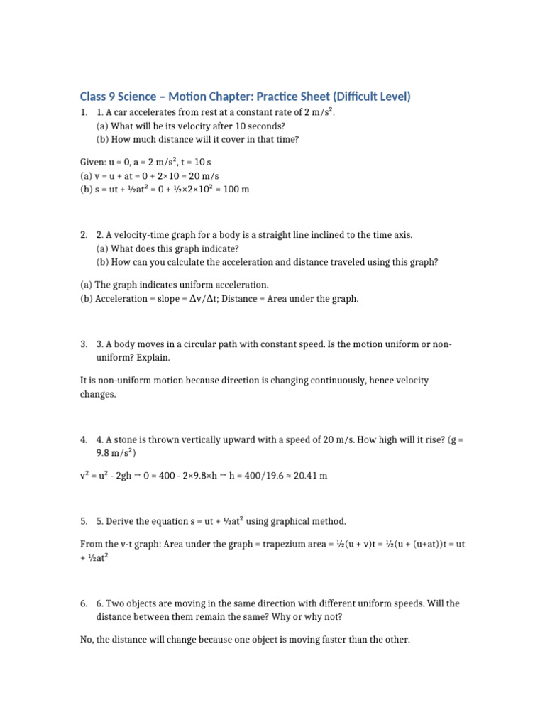 Motion Class9 Practice Sheet | PDF
