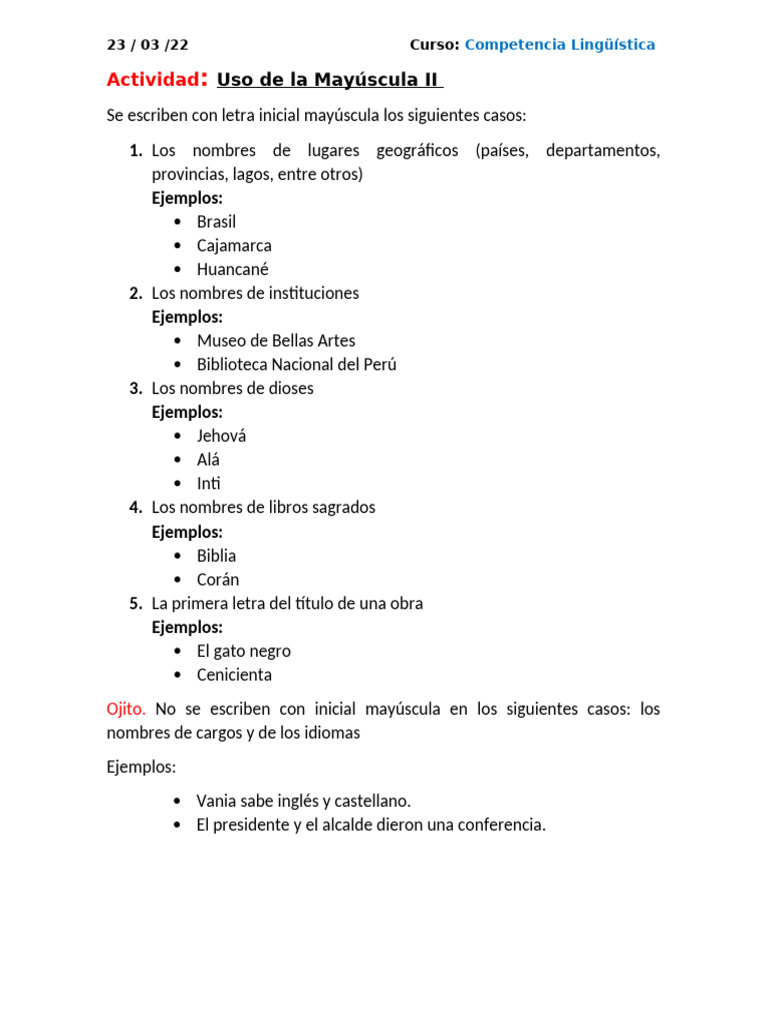 Uso de la Mayúscula en Español | PDF