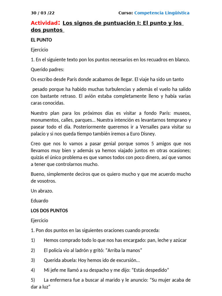 Uso de puntos y dos puntos en oraciones | PDF