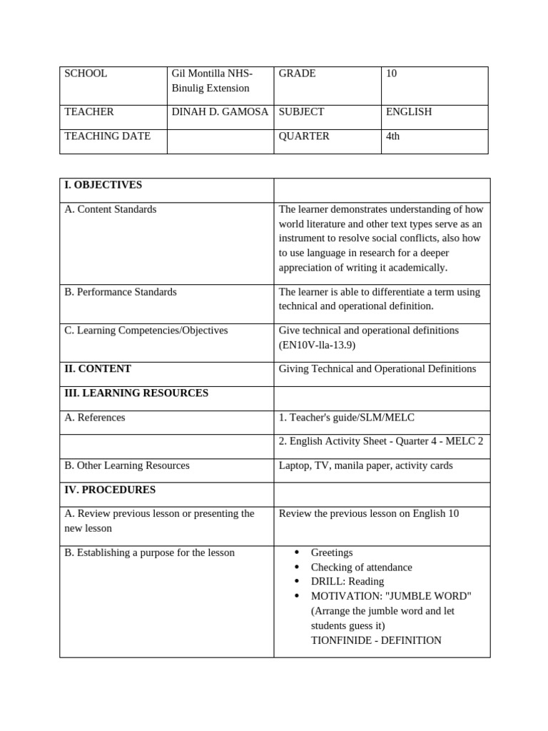 10th Grade English Lesson Plan | PDF | Learning | Lesson Plan