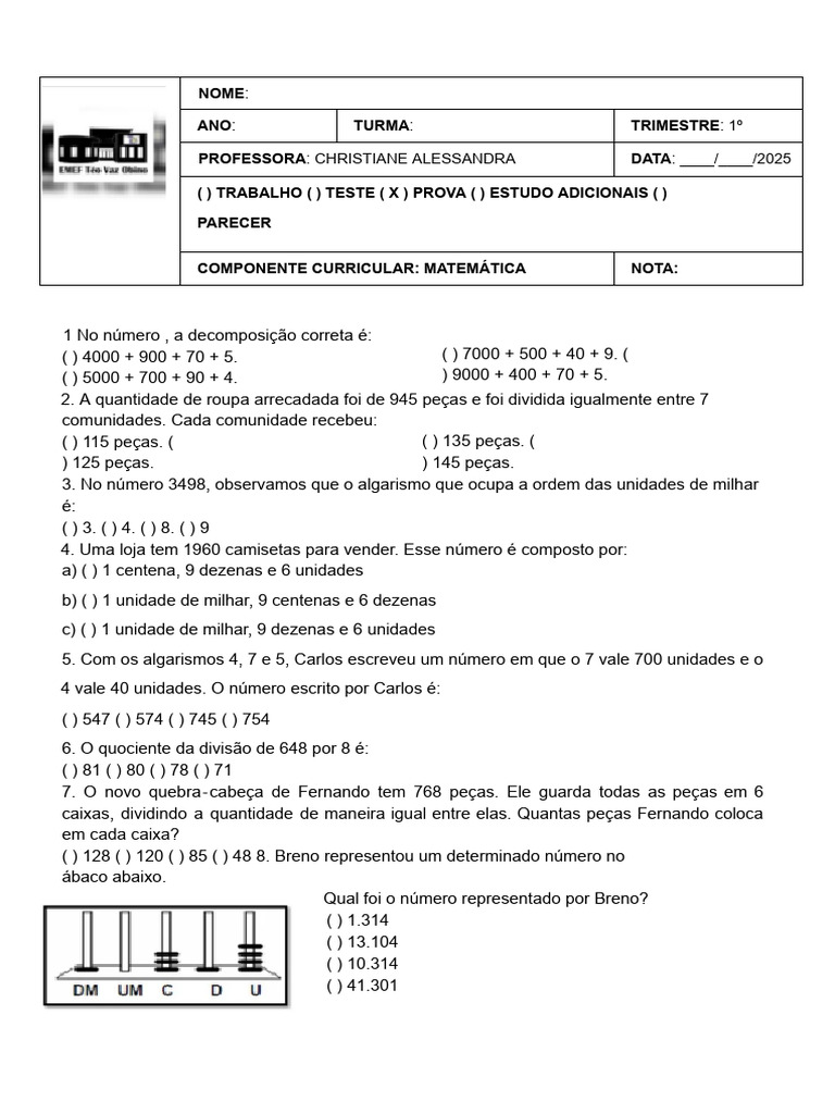 Prova de Matemática - 1º Trimestre | PDF | Matemática