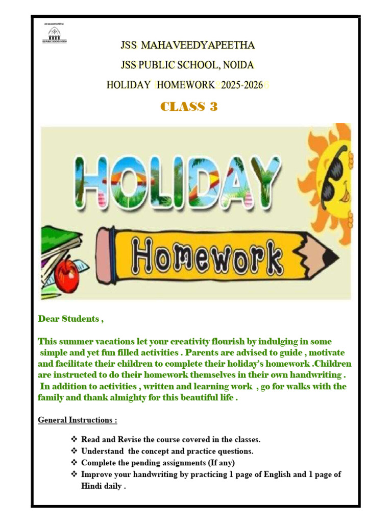 Class 3 Summer Holiday Homework 2025-2026 New 1 | PDF