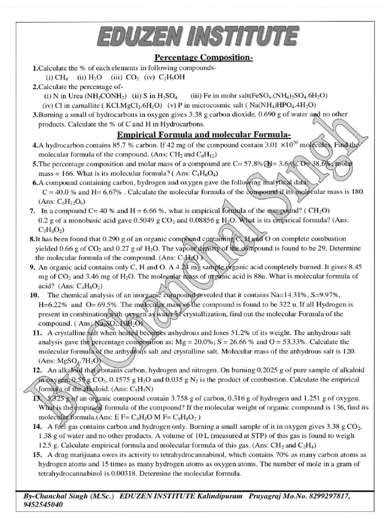 Unit-1 Empirical and Molecular Formula | PDF | Molecules | Chemical ...