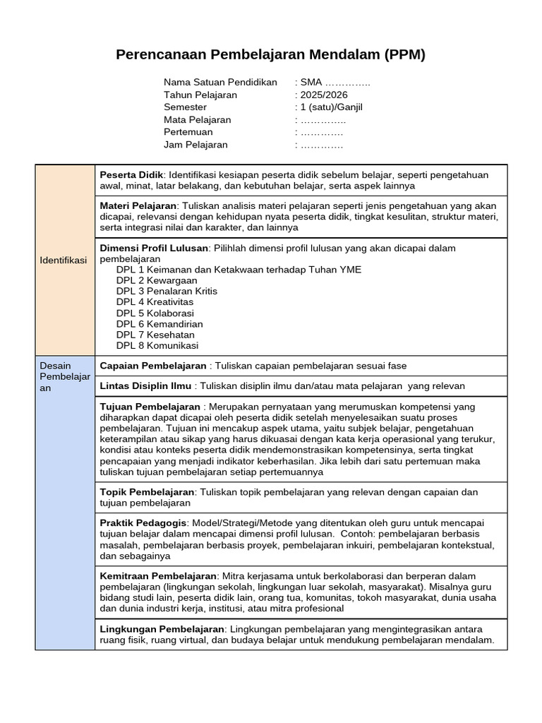 Template - Perencanaan Pembelajaran Mendalam | PDF