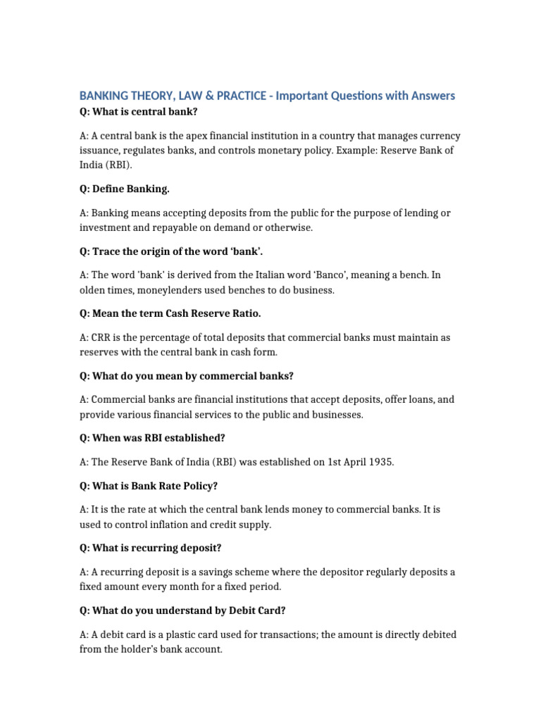 Banking Theory 2mark QA | PDF | Banks | Transaction Account
