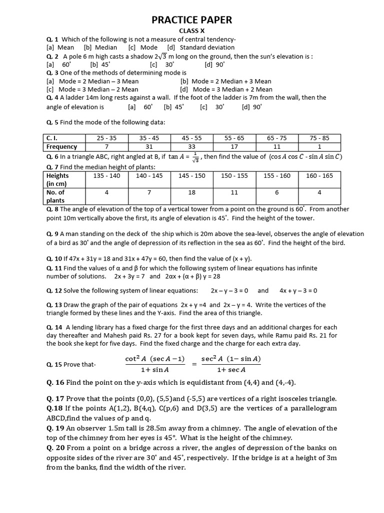Class X Practice Paper: Math Problems | PDF | Mean | Mode (Statistics)