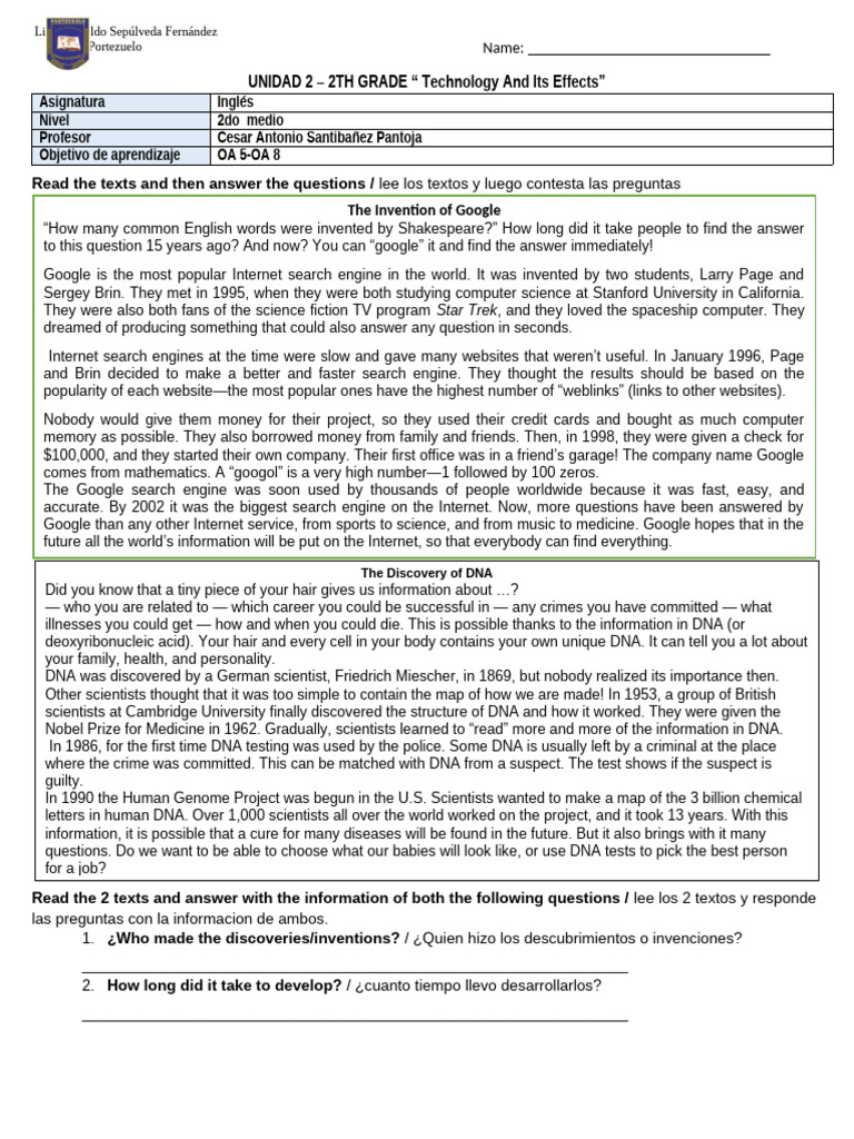 Reading 2do Medio Unit 2 Ingles | PDF | Dna