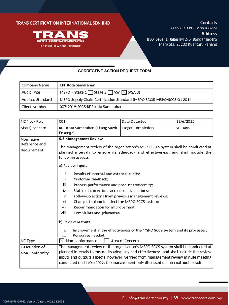 MSPO Corrective Action Request Form | PDF