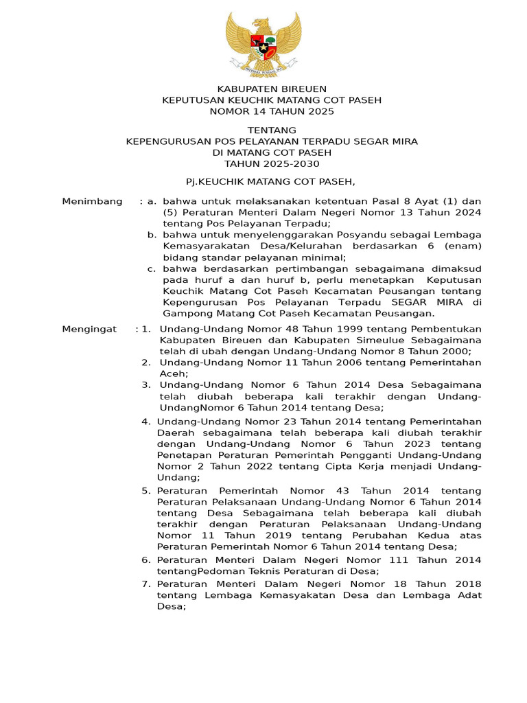 SK Kepengurusan Posyandu Gampong Matang Cot Paseh Tahun 2025 | PDF