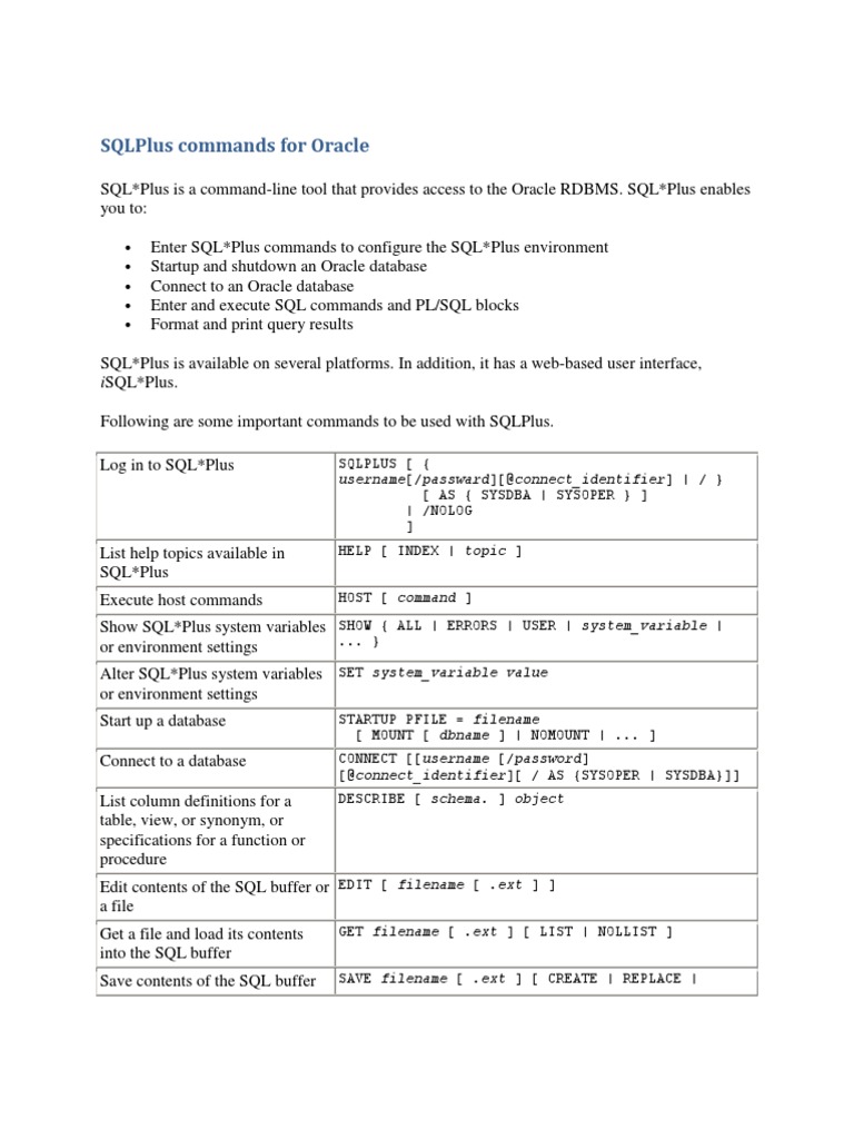 Sqlplus Commands For Oracle Pdf Oracle Database Sql