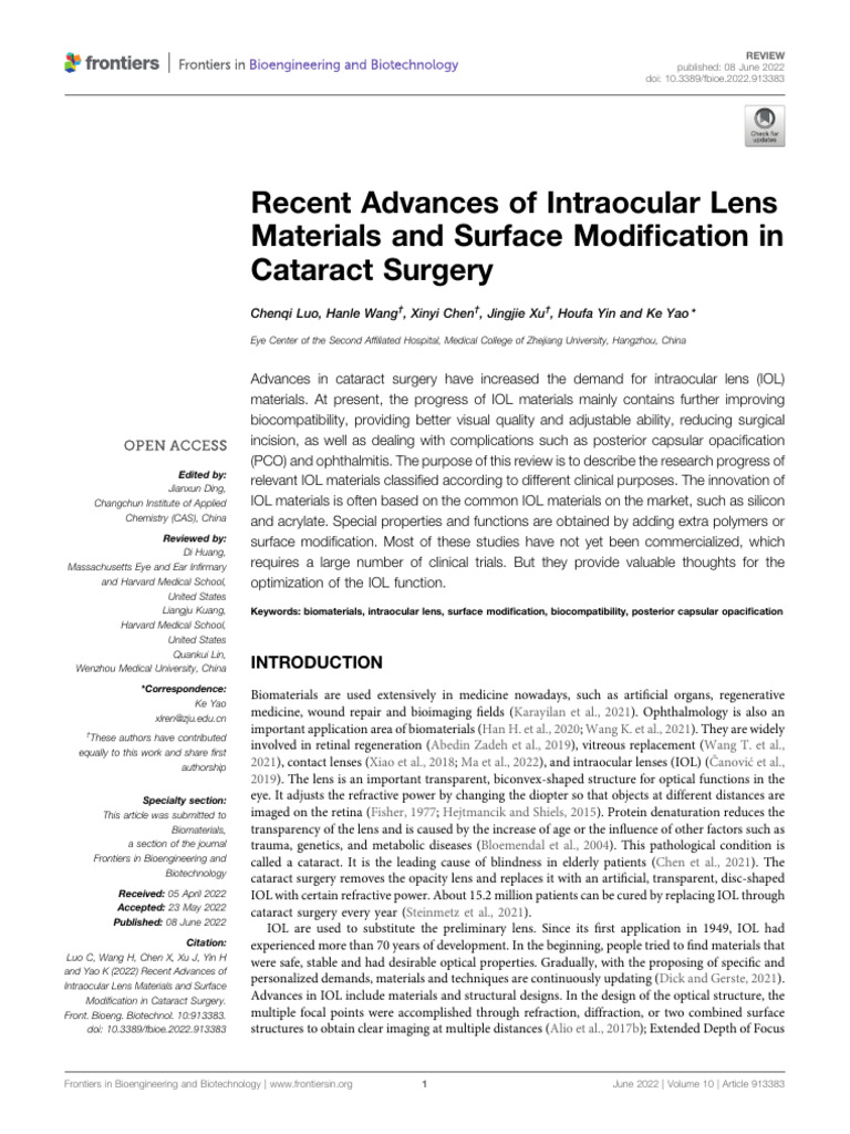 Recent Advances of Intraocular Lens Materials and | PDF | Poly(Methyl ...