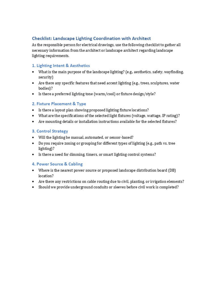 Landscape Lighting Coordination Checklist | PDF