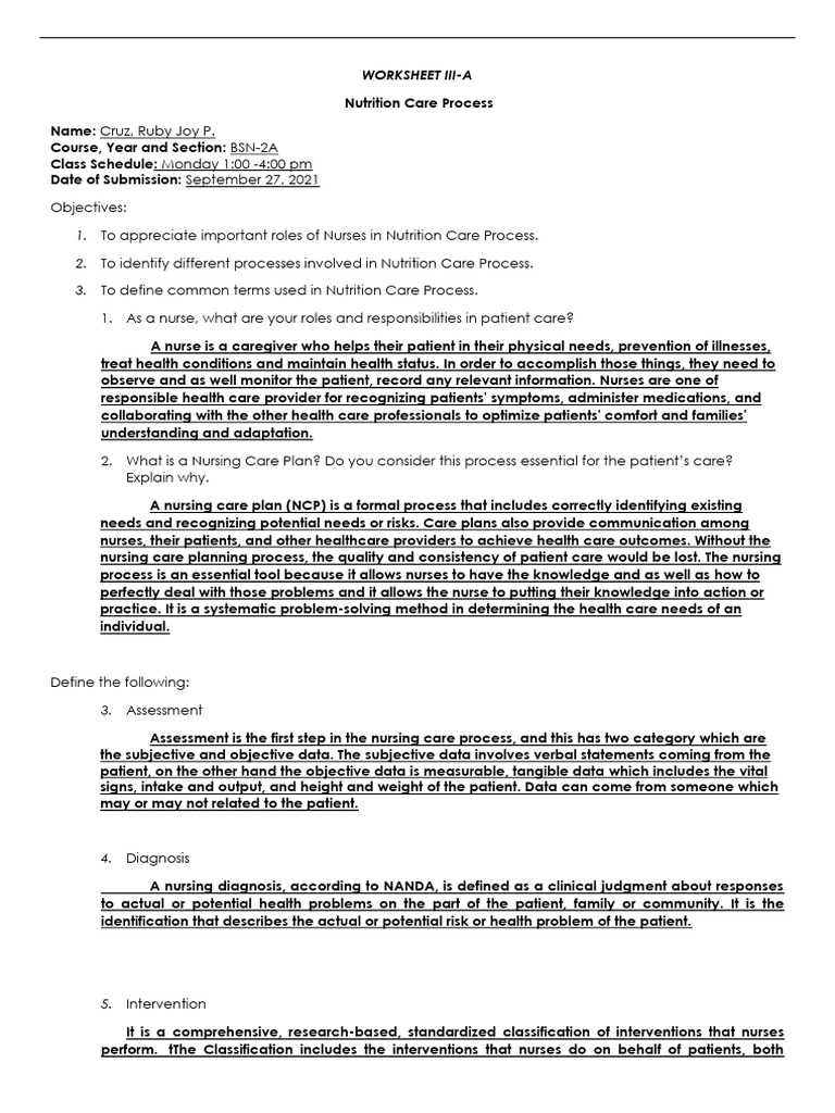 Cruz Ruby Joy P. BSN 2a NCP Adime Worksheet III A and B 1 PDF | PDF | Nursing | Health Care