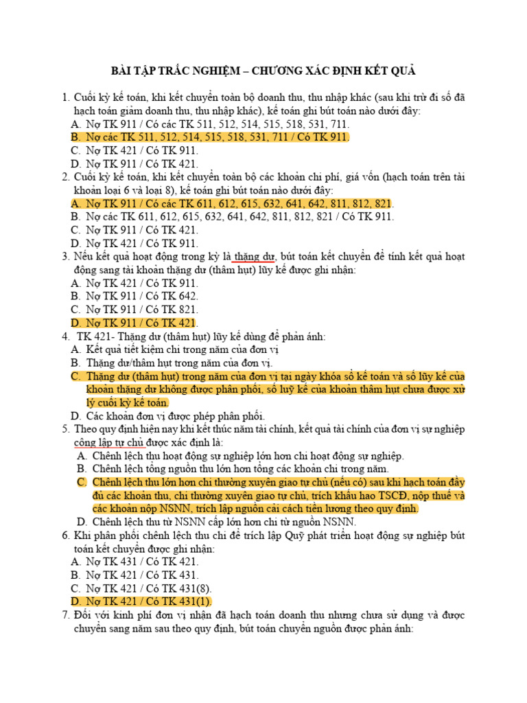 BT Trac Nghiem - Xac Dinh KQ - 25 Cau - Gui SV | PDF