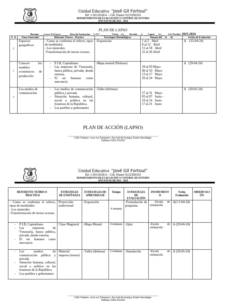 Plan de Lapso 3 - 4to G.H.C. 2023-2024 | PDF | Aprendizaje