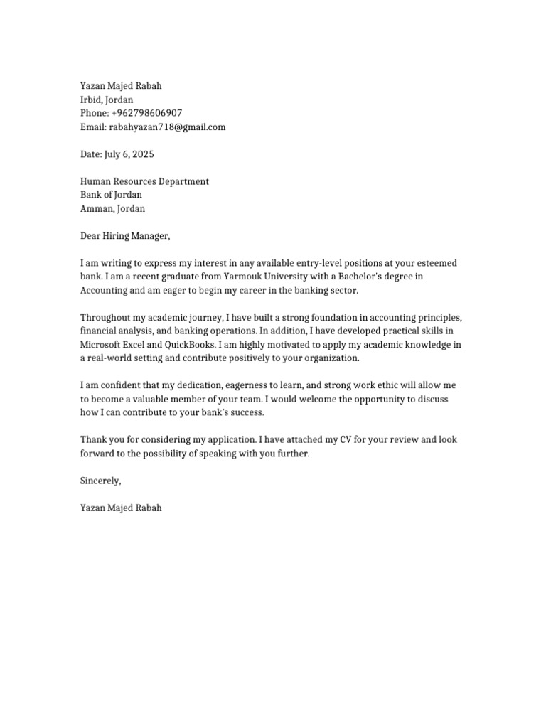 Yazan Rabah Cover Letter | PDF