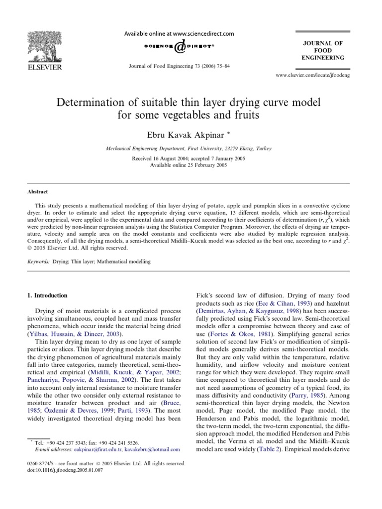 Determination of Suitable Thin Layer Drying Curve Model For Some Vegetables and Fruits | PDF ...