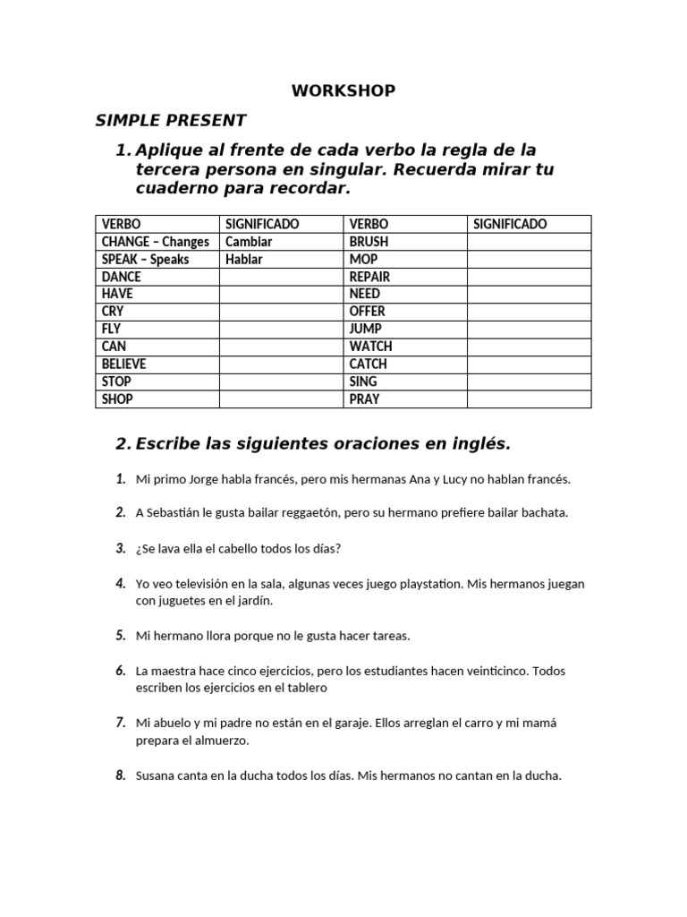 WORKSHOP - Simple Present - Present Progressive - Simple Past - Past Progressive - Present ...
