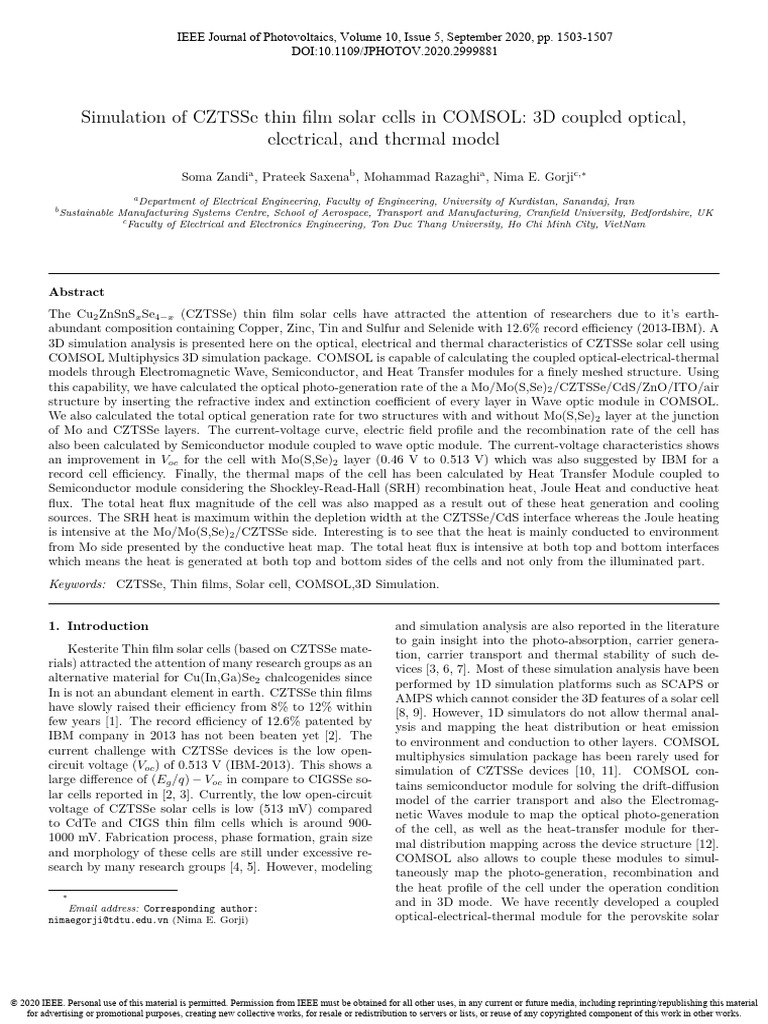 Simulation of CZTSSe Thin-Film Solar Cells in COMSOL-2020 | PDF | Solar ...