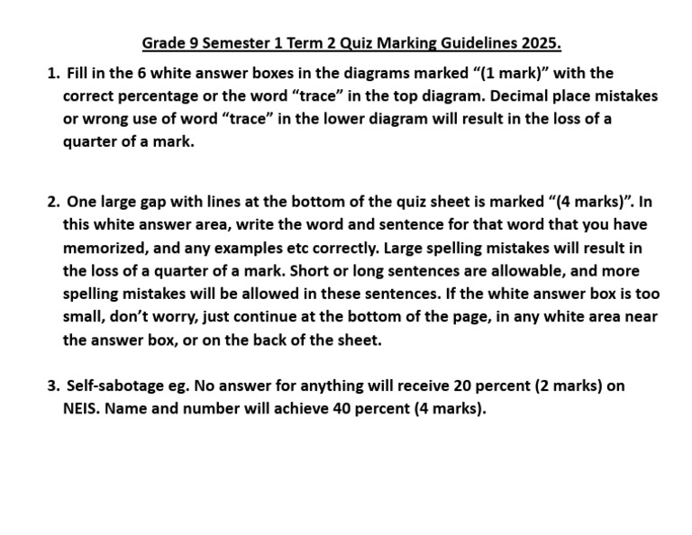 Grade 9 Semester 1 Term 2 Quiz Marking Guidelines 2025 | PDF