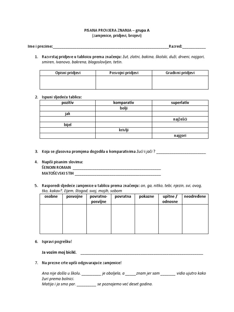 PISANA PROVJERA ZNANJA-Zamjenice,Brojevi,Pridjevi - 2.f,Cv