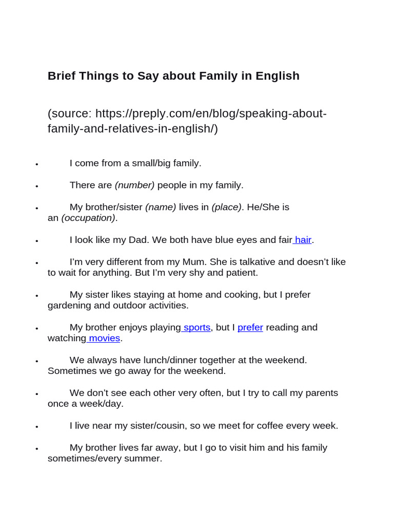 Brief Things To Say About Family in English | PDF