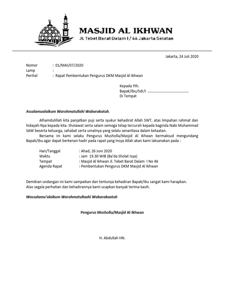 Undangan Rapat Pembentukan Pengurus DKM Al Ikhwan | PDF