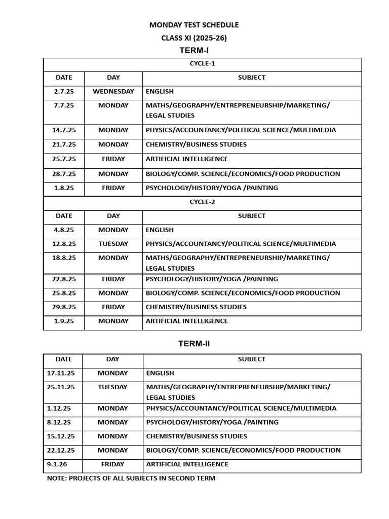 Class XI 2025-26 Test Schedule | PDF